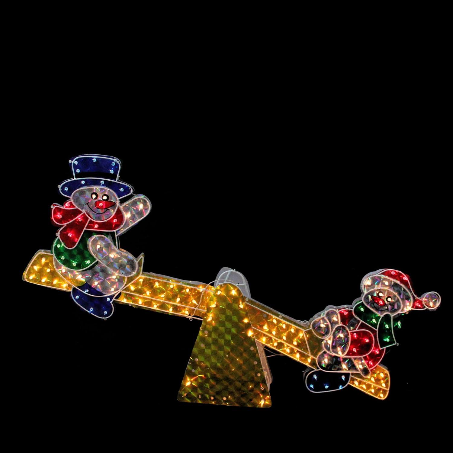 48 Yellow and Red Pre-Lit Holographic Snowmen on See Saw Outdoor ...