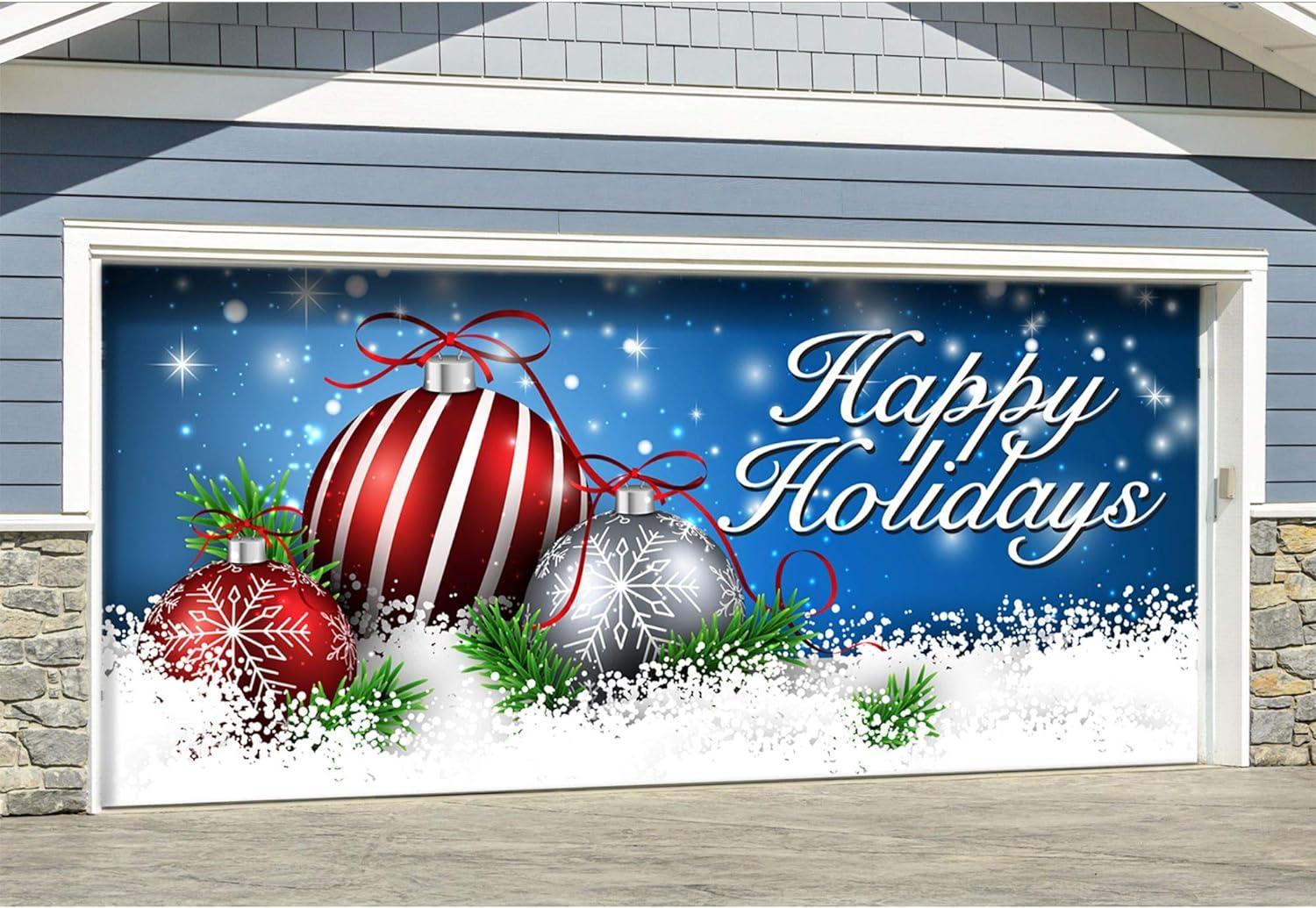 7′ x 16′ Navy Blue and Red Happy Holidays Double Car Garage Door Banner ...