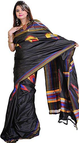 Exotic India Licorice-Black Double Ikat Sari from Pochampally with Hand ...
