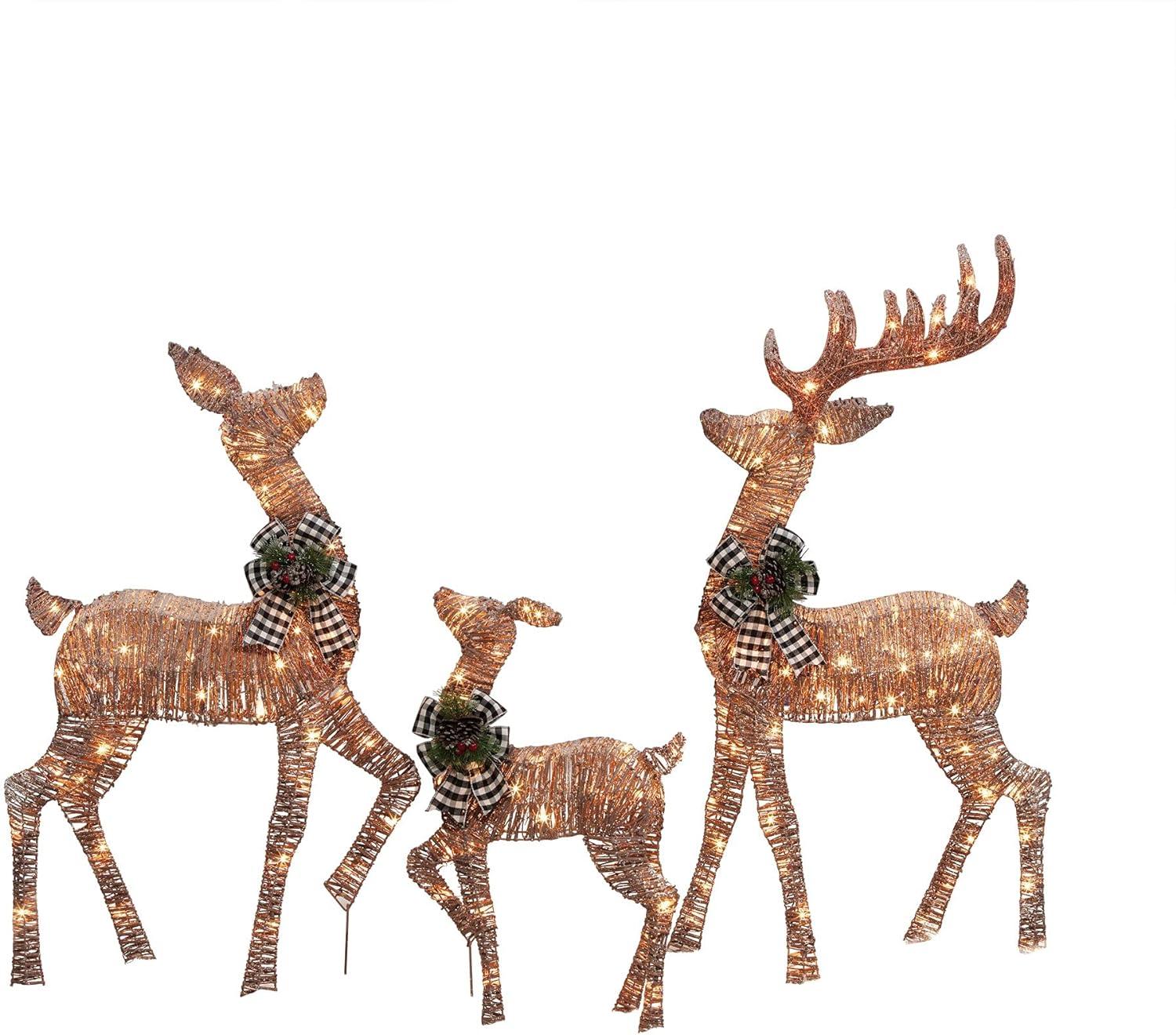 Holiday Home 3 Piece Lighted Rustic Deer Family with Buffalo Plaid Bows ...