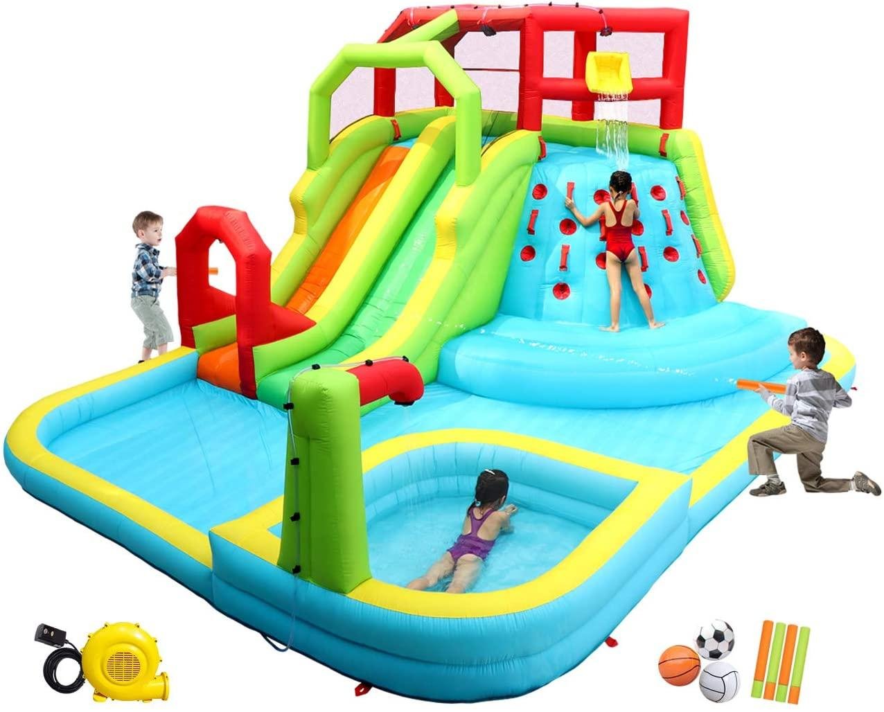 WELLFUNTIME Inflatable Water Slide Park with Splash Pool Climb The Wall ...