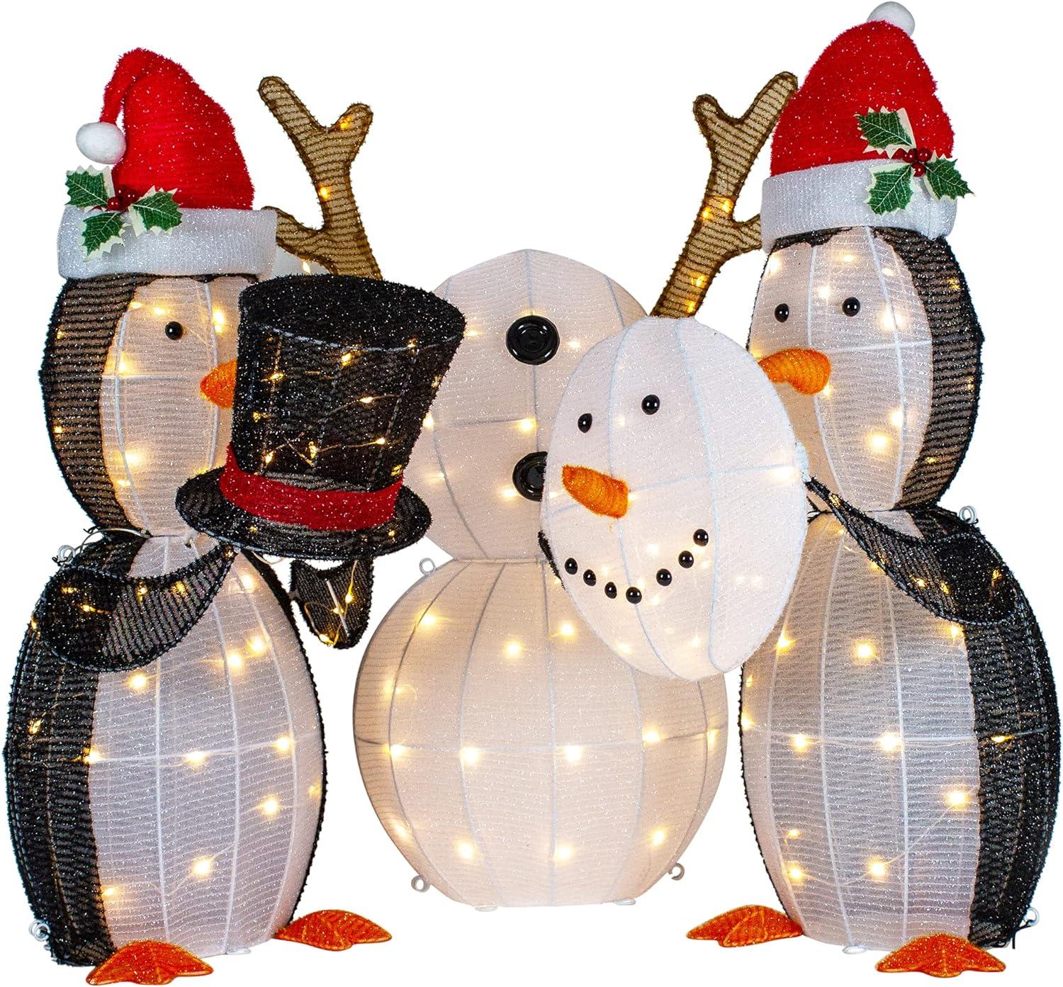 Set of 3 LED Lighted Penguins Building Snowman Outdoor Christmas ...