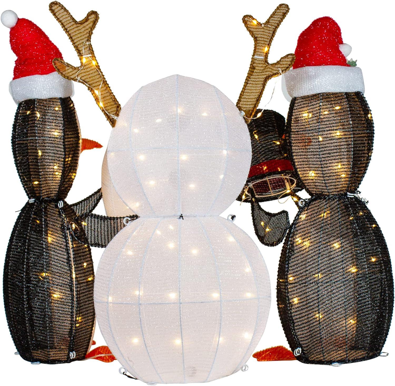 Set of 3 LED Lighted Penguins Building Snowman Outdoor Christmas ...