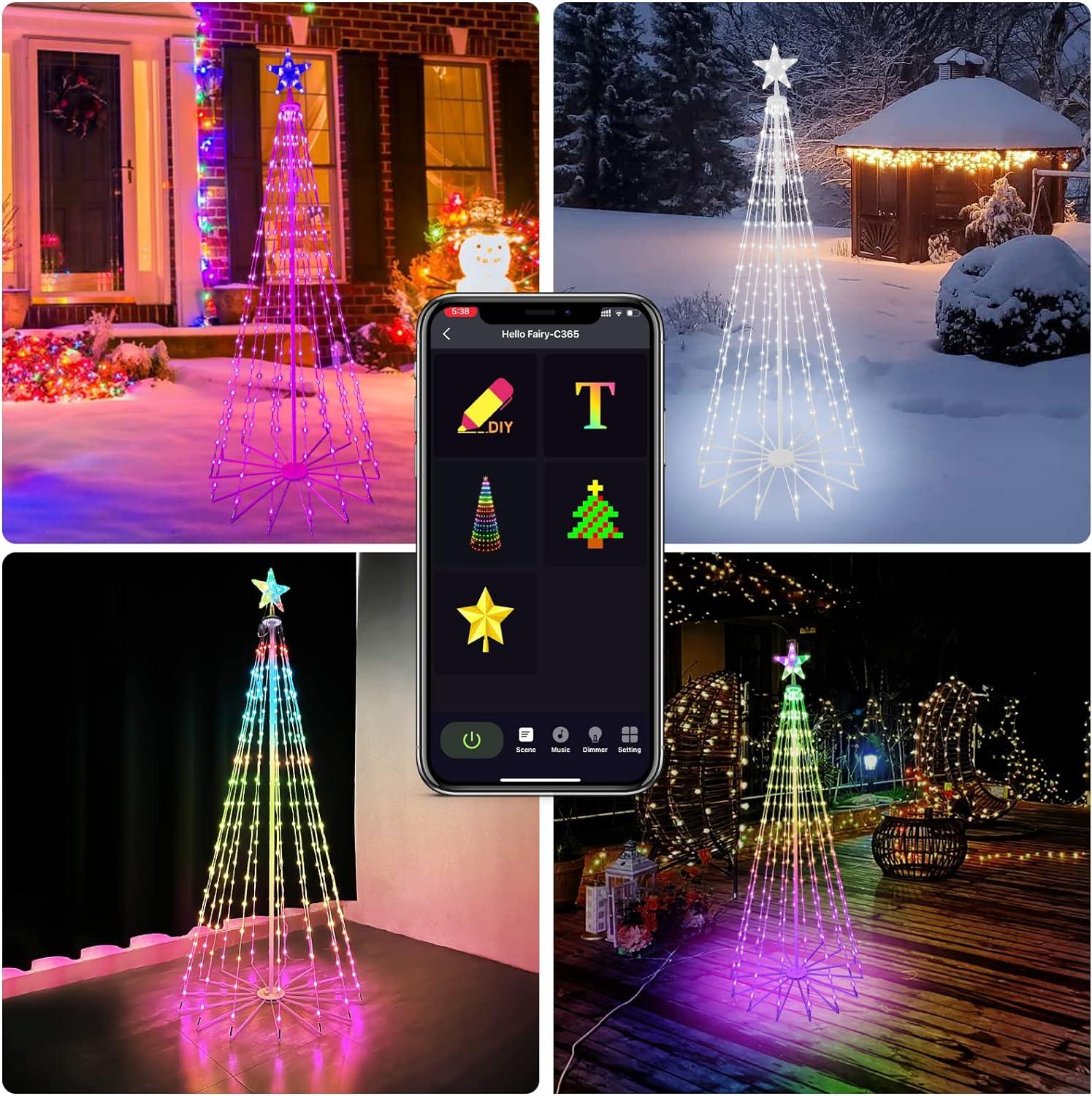Amposei 6Ft 265 LEDs Christmas Cone Tree Light Outdoor Bluetooth Smart ...